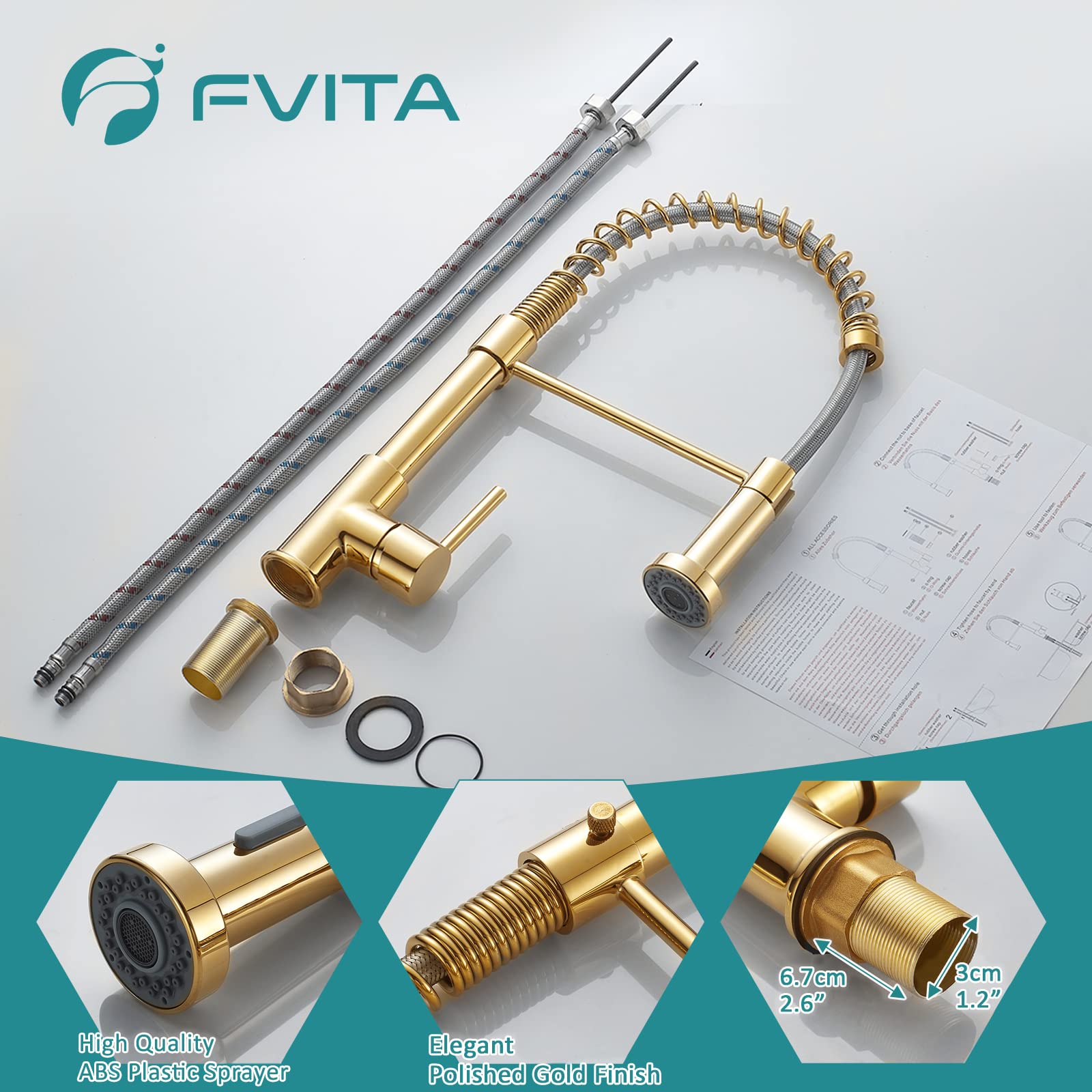 FVITA Polished Gold Kitchen Faucet with Pull Down Sprayer,Lead-Free Solid Brass 16.1'' Kitchen Sink Faucet Single Handle Spring Swan Neck Faucet High Arc Single Hole Faucet for Kitchen Sink