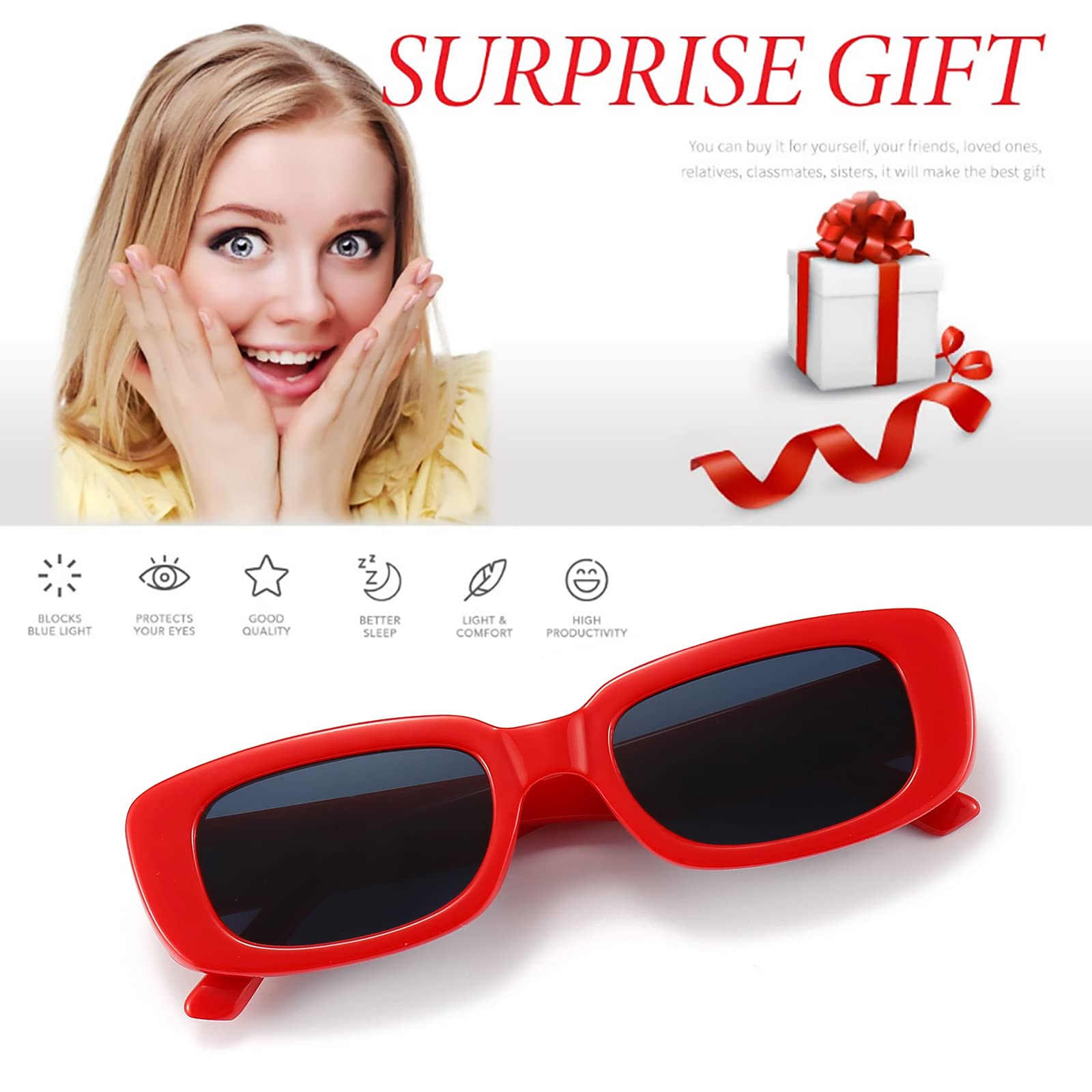 Dollger Retro Rectangle Sunglasses For Women Trendy Vintage 90s Small Sunglasses UV 400 Protection Square Shades Red