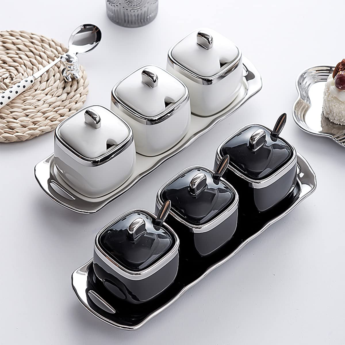 Fvstar Ceramic Sugar Bowls 3pcs Porcelain Seasoning Pots with Spoons,Lid and Tray Kitchen Spice Canister Jar Set Countertop Condiment Container for Sugar,Pepper,Coffee,Spice,Salt (White)