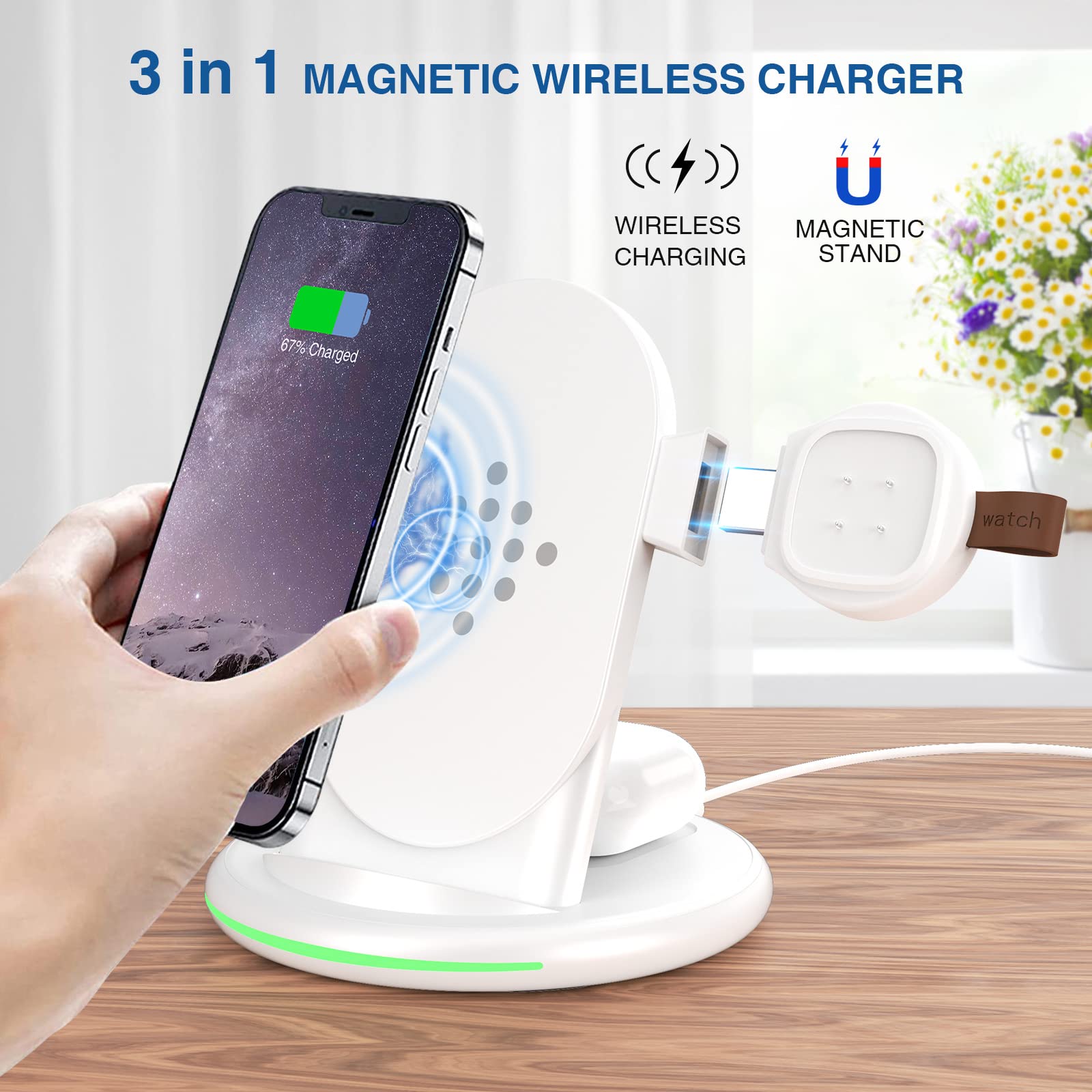 KOJACMUR 3 in 1 Magnetic Wireless Charger, Charge for Fitbit Sense 2/Sense/Versa 3/Versa 4, Charger Stand Wireless Charging Station for iPhone 14 13 12 Pro/Max/Mini,AirPods Pro/3/2 (White A)