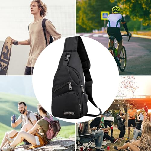 EEASSA Crossbody Chest Bag, Shoulder Strap Backpack, Waterproof Shoulder Strap Backpack, Crossbody Backpack, Sling Backpack Men, Cycling Cross Body Bag with USB Port, Headphone Jack, Adjustable Strap