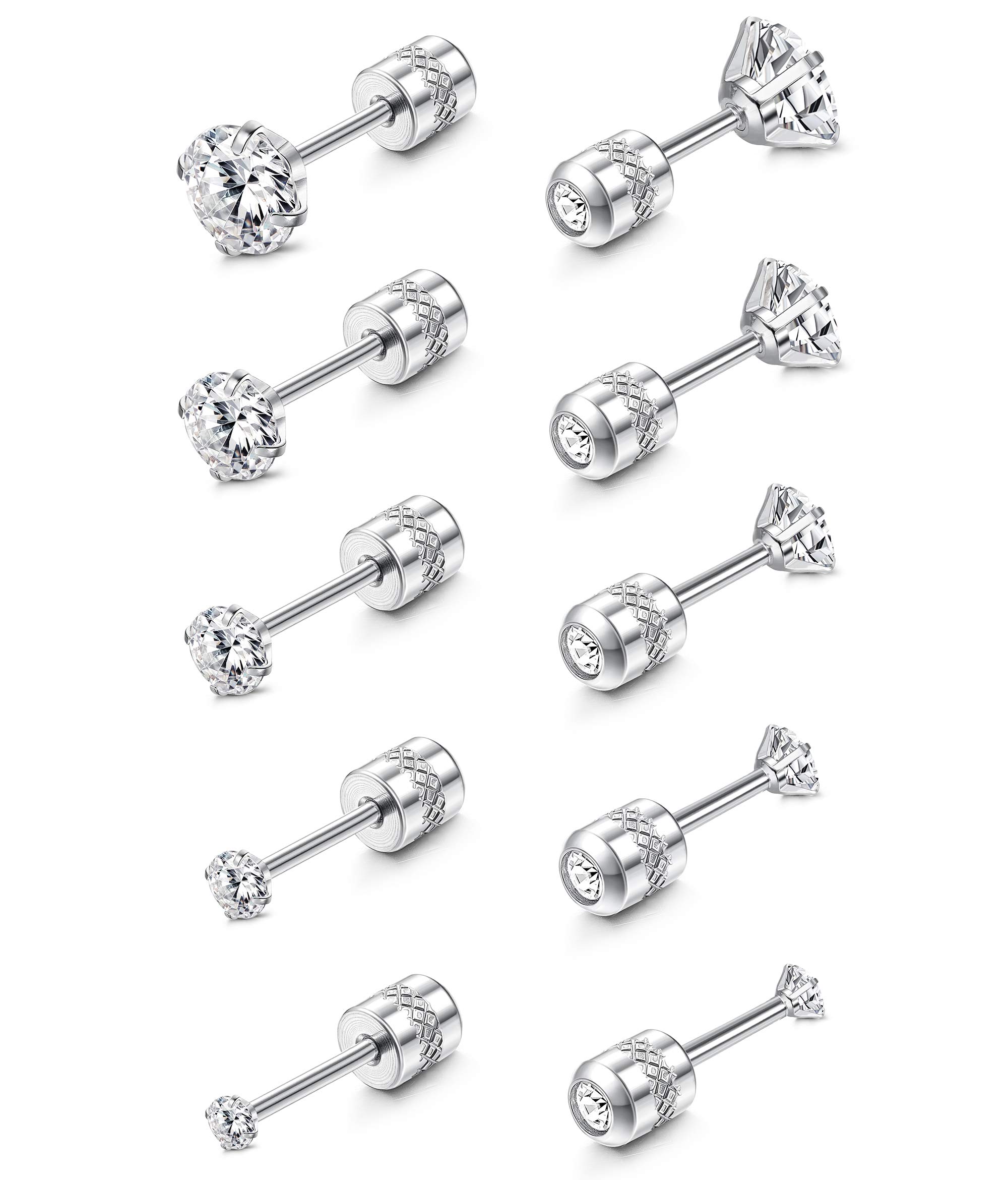 Drperfect 5 Pairs 18G Cartilage Earrings for Women Men Tiny Stainless Steel Piercing Stud Earrings CZ Screw Back Earrings 2-6mm