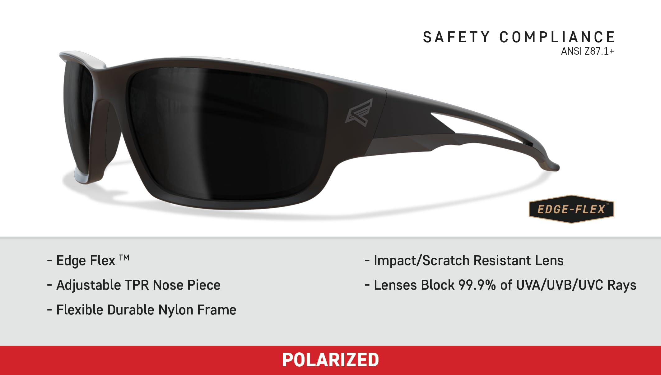 EDGE Kazbek Wrap-Around Safety Glasses, Anti-Scratch, Non-Slip, UV 400, Military Grade, ANSI/ISEA & MCEPS Compliant (Black, Polarized Smoke)