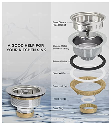 Highcraft 9735 Heavy Duty Kitchen Sink (3-1/2 Inch) Stainless Steel Drain Assembly With Strainer Basket KOHLER Style Stopper, 1.79