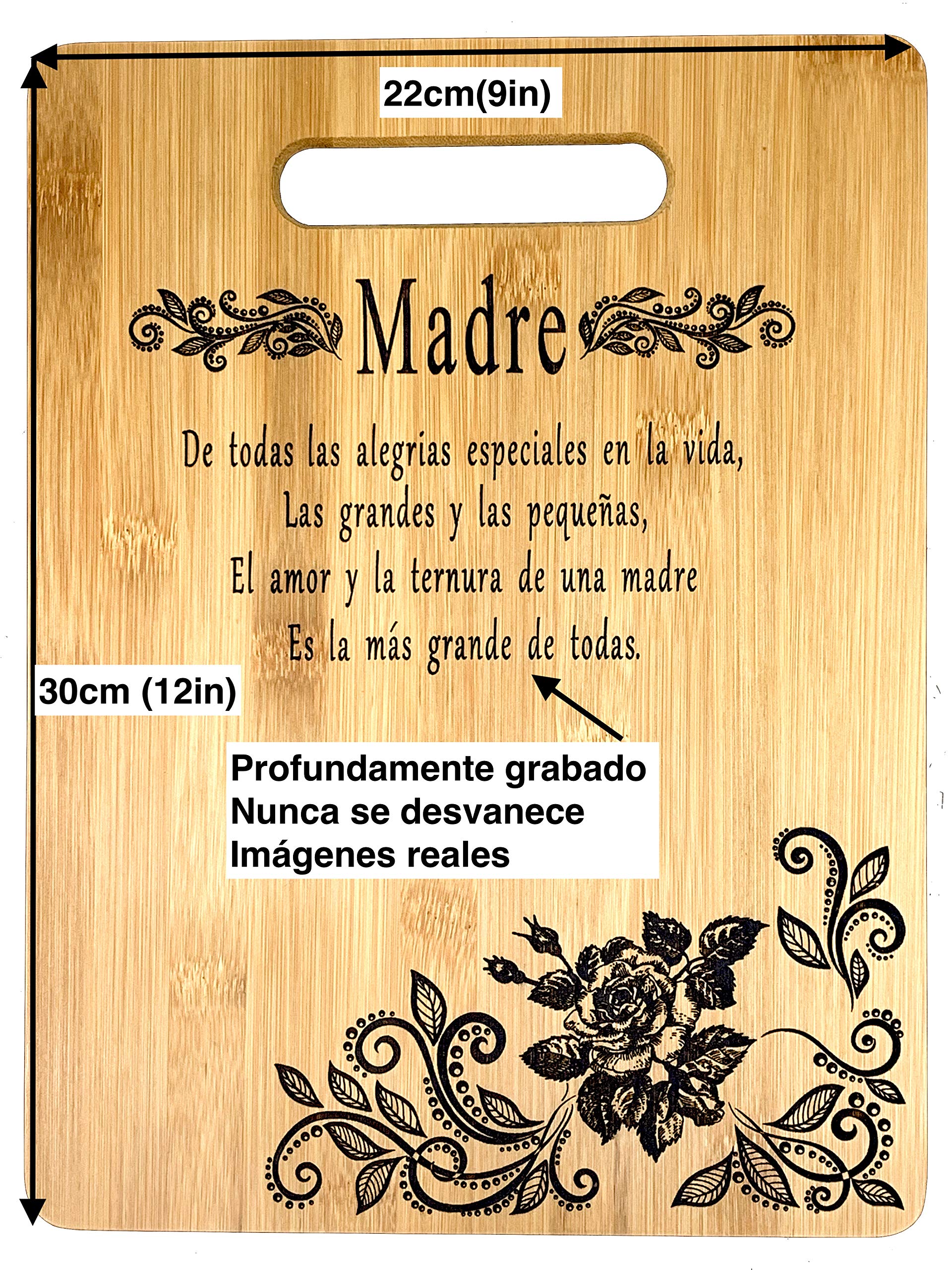 Gift for mom Spanish-Regalo para el mamá-Tabla de cortar de bambú grabada única-Mother gift in Spanish bamboo cutting board (22x30cm)