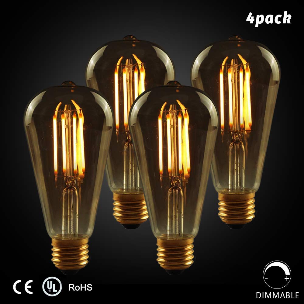 Edison LED Light Bulbs, Amber, Dimmable, 4W=60W Equivalent, 2700K, E26 Medium Base, 500LM, Warm White ST64, Antique Vintage Style Light, Squirrel Cage Filament,Golden Glass,4-Pack