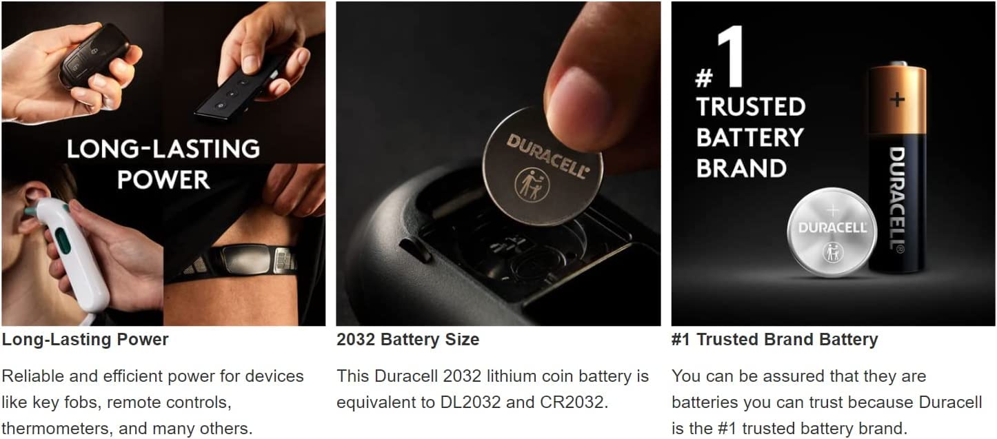 Duracell CR2032 3V Lithium Battery, Child Safety Features, 12 Count Pack, Lithium Coin Battery for Key Fob, Car Remote, Glucose Monitor, CR Lithium 3 Volt Cell (2032 3V)