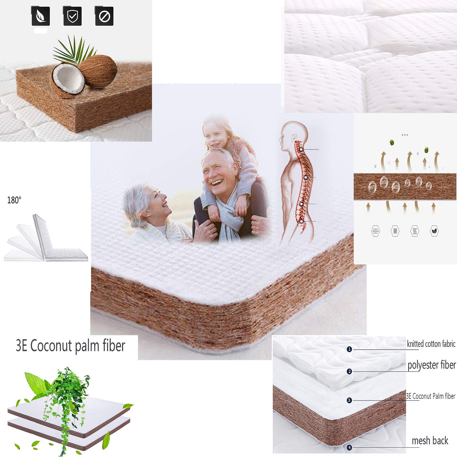 Tatami Tri-fold Mattress, Thick 3e Coconut Palm Mattress Pad Orthopedic Coir Sleeping Mat Firm Feel Quiet Guest Bed Floor Mat-Gold 150x200cm(59x79inch)