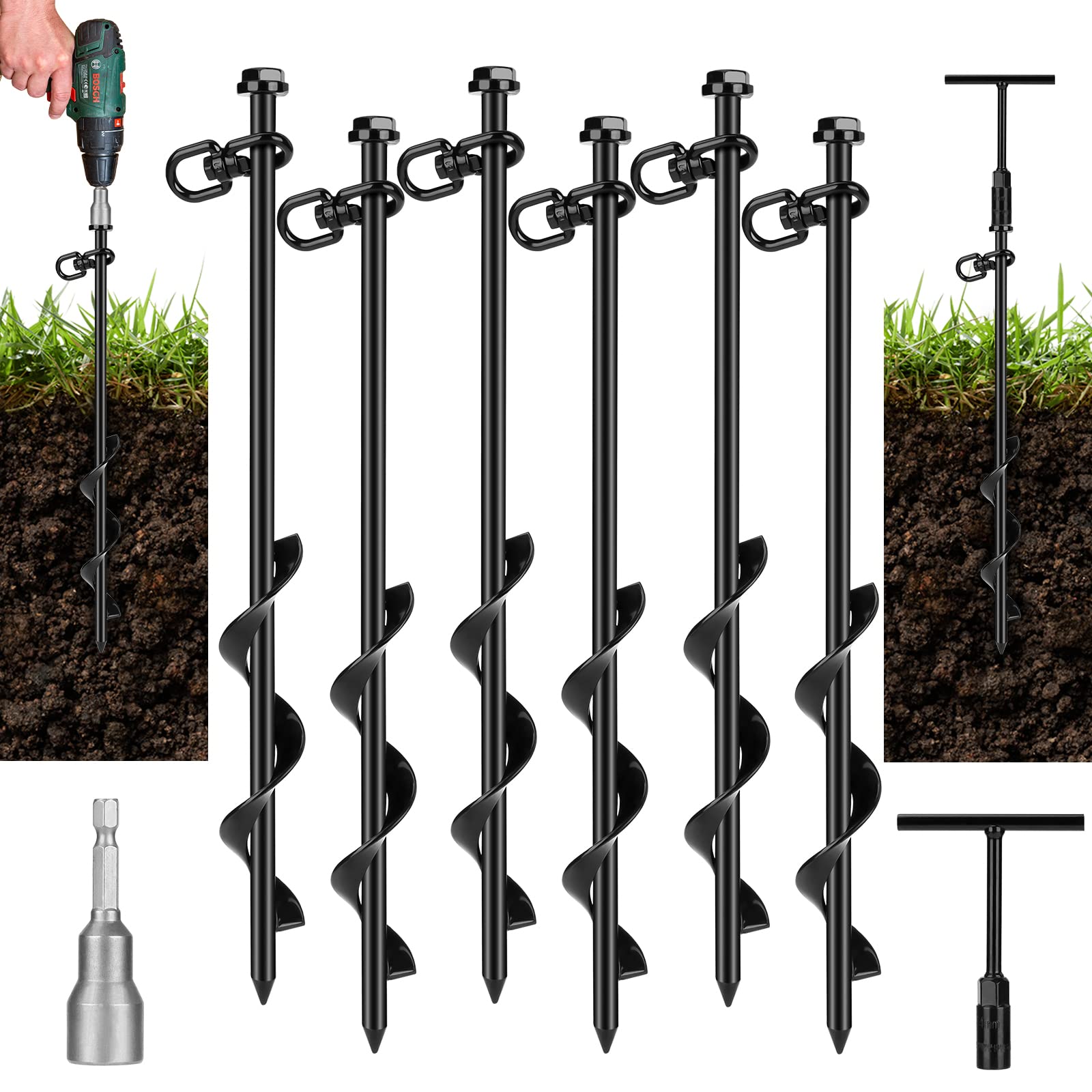 FAURIMMER 6 Pack Ground Anchor Heavy Duty Earth Anchors with T Handle Hex Wrench & Power Nut Driver, Metal Stakes Ground Anchors Screw in for Swing, Trampoline, Tents, Securing Animals