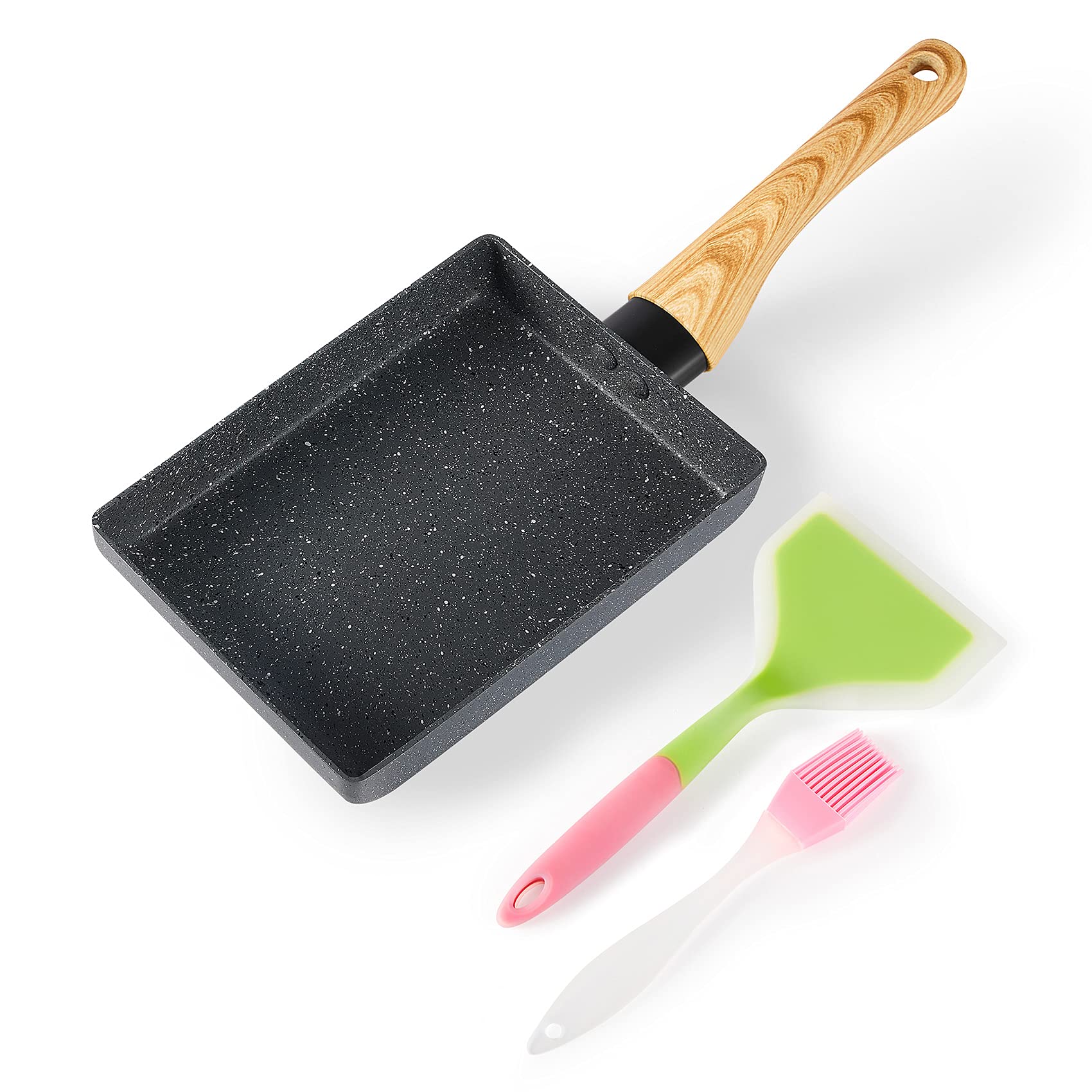HooJay Japanese Omelette Pan,5"×7" Nonstick Tamagoyaki Egg Pan,Rectangle Small Frying Pan with Silicone Spatula & Brush,Gray