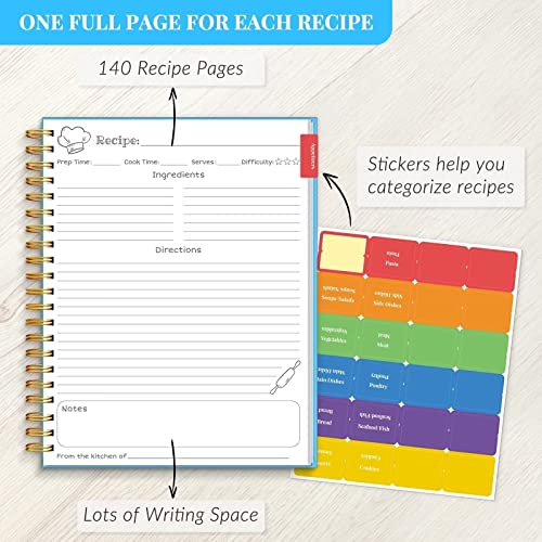 LuBudingJoy Blank Recipe Notebook to Write in Your Own Recipes, Full Page Sprial Hardcover Personal Recipe Organise, Recipe Journal Hold 140 Recipes (Cerulean)