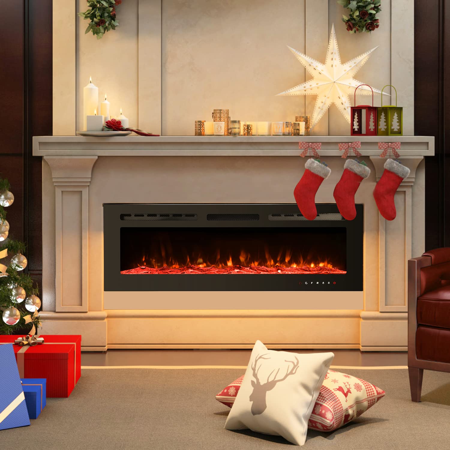 EROMMY 60 in Electric Fireplace Insert,Recessed and Wall Mounted Fireplace with Timer, Free Standing, Remote Control, Touch Screen, Overheating Protection, Log&Crystal, 9 Adjustable Flame, 750/1500W