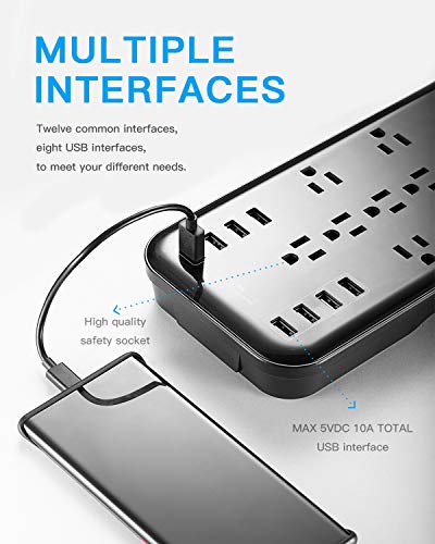 KMC 12-Outlet Surge Protector Power Strip with 8 USB Charging Ports (5V/10A), 4500J,6-Foot Cord