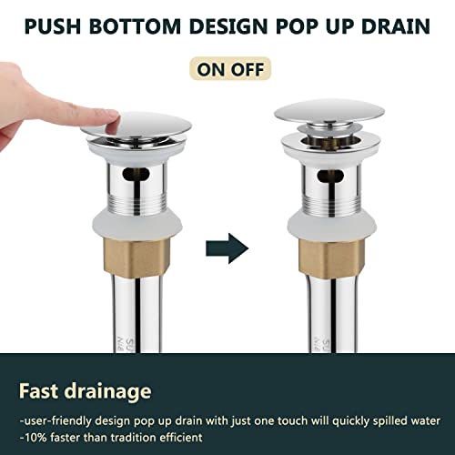 Herogo Bathroom Sink Drain with Overflow, Stainless Steel Chrome Pop Up Drain Stopper with Detachable Built-In Anti-Clogging Strainer for Lavatory Vessel Vanity Sink Drain, Fits Standard Drain Hole