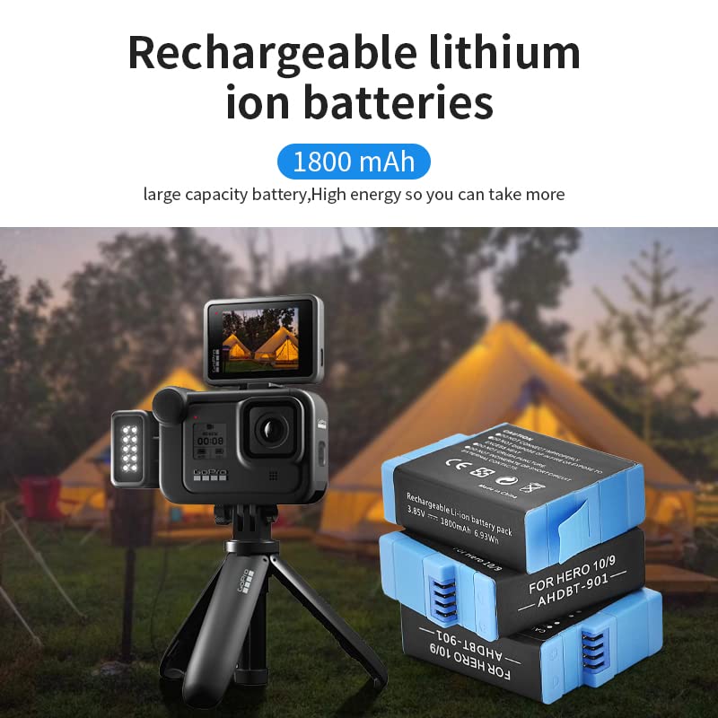Eeyrnduy Rechargeable Battery Replacement for Gopro Hero 9/Hero 10/Hero 11 Black Camera 3-Pack Batteries and 3-Channel USB Charger Combo
