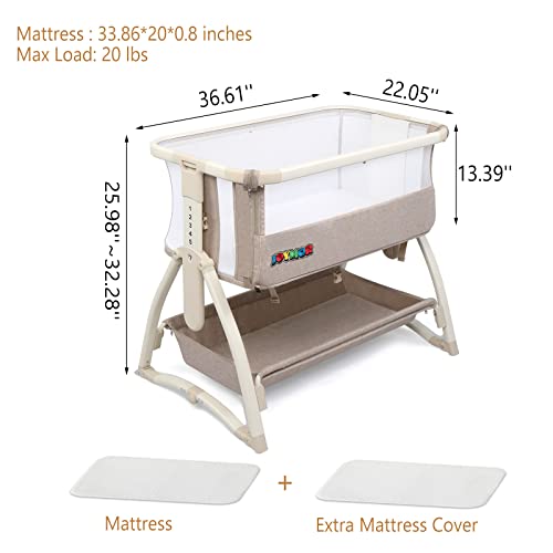 JOYMOR Bedside Sleeper Rocking Bassinet, Height Adjustable Breathable Net Bed Side Baby Cribs with Washable Mattress,Mosquito Net,Storage Basket for Infants, Beige