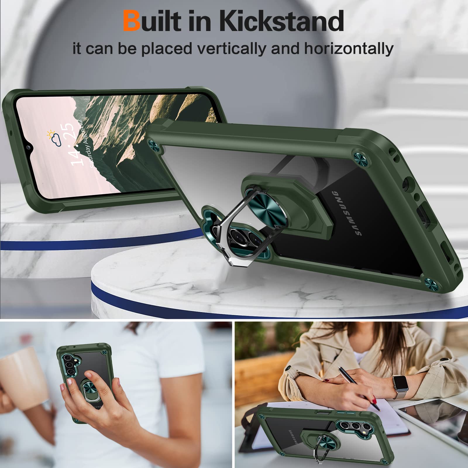 GOLDJU for Samsung Galaxy A14 5G Case, Galaxy A14 Case with [1P Screen Protector]& [1P Camera Lens Protector]& [Metal Kickstand]& [10FT Military Grade Drop Protection] Clear Back 2023(Green)