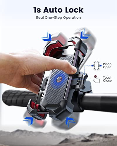 JOYROOM Motorcycle Phone Mount, [1s Auto Lock][100mph Military Anti-Shake] Phone Holder for Bicycle, [10s Quick Install] for Handlebar Mount, Compatible with iPhone 15 Pro, Samsung, All Cell Phone