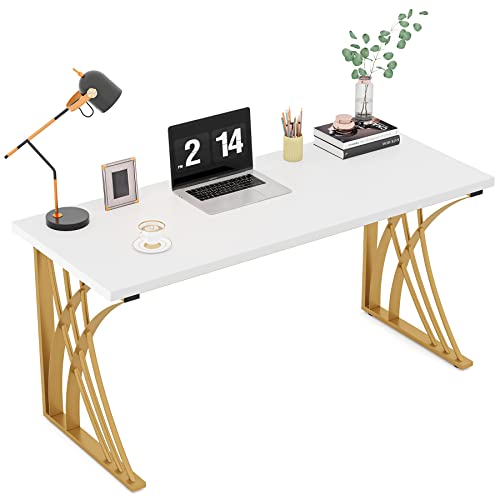 LITTLE TREE 55āā Large Modern Computer Desk, White & Gold Luxury Laptop PC Student Table, Makeup Vanity Table with Thick Frame & Strong Legs, Sturdy Writing Workstation for Home & Office