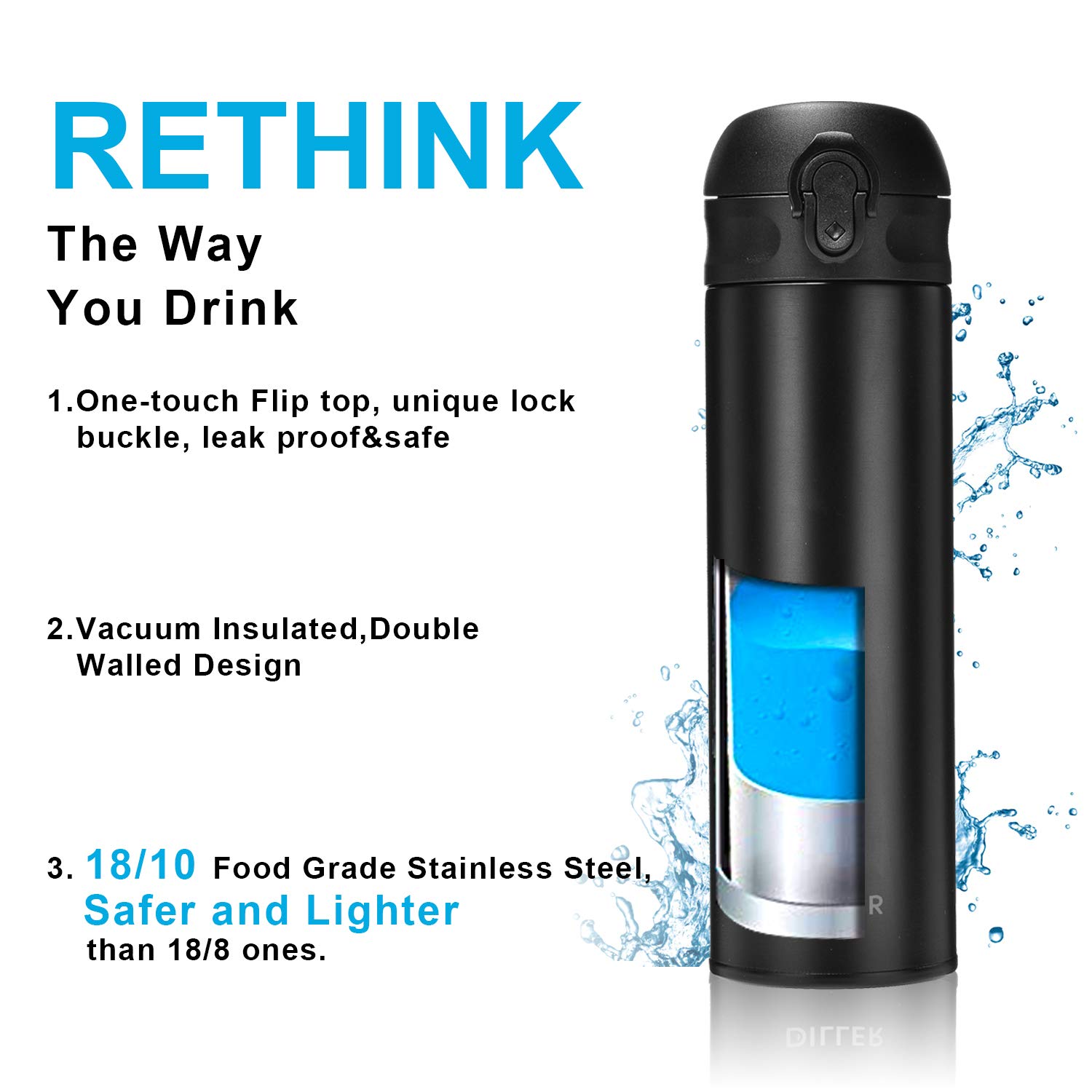 DILLER Vacuum Insulated Water Bottle,Stainless Steel Thermal Coffee Travel Mug BPA-Free Thermos Flask,Keeps Cold 24H, Hot 12H,17 oz (silver)
