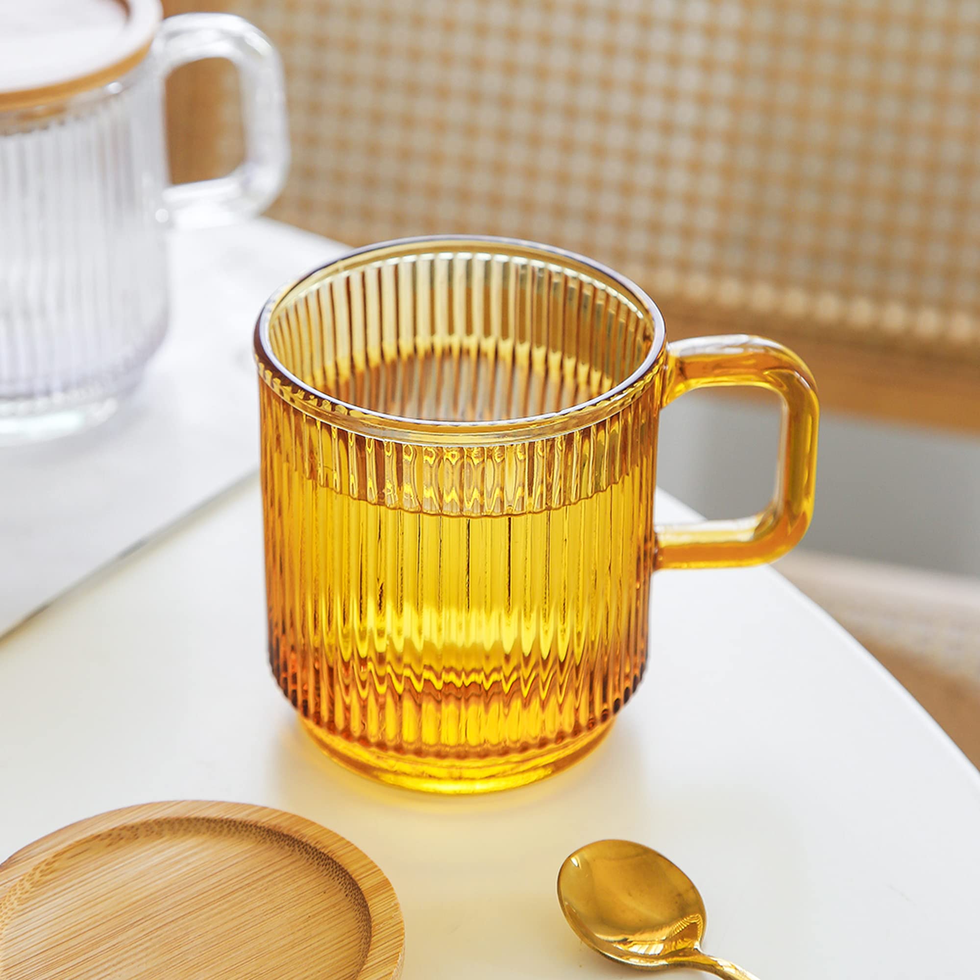 Lysenn Glass Coffee Mug with Lid - Premium Classical Vertical Stripes Glass Tea Cup - for Latte, Tea, Chocolate, Juice, Water - Lead-Free - Bamboo Lid - Amethyst Purple