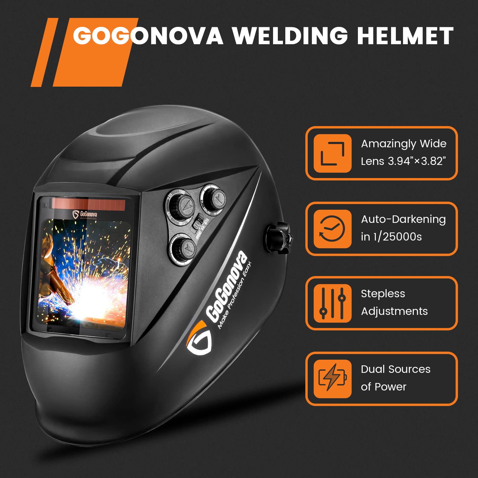 GoGonova 3.94โร3.82โ Welding Helmet Auto Dark, Solar Powered Welding Hood, Auto Darkening Welding Helmet 4 Arc Sensor DIN 5-9/9-13 for MIG, TIG, ARC