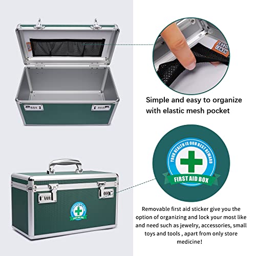 HEWEI WORKS Large capacity Locking Box, Lockable Medication Box with Portable Storage Case, 15''x 8.7''x 9.3'', Childproof Medicine Lock Organizer, Locked Empty First Aid Storage Case (GREEN)