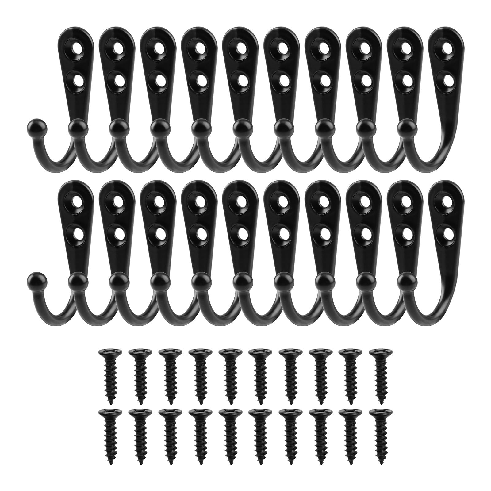 hoeslaw 20PCS Wall Mount Coat Hooks, Metal Heavy Duty Hanger with 40PCS Screws, Rustproof Wall Mout Hook for Hanging Towel Robe Bag Cup Bathroom Bedroom Kitchen Living Room Hotel Garage Pool (Black)