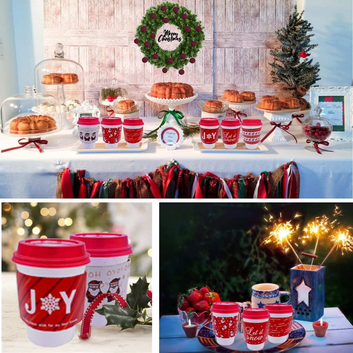DSHE Holiday Christmas Coffee Cup Sleeve 30 Packs Tea Cup Sleeves Paper Disposable Sleeves for Party 12,16 oz Cup Jacket (Xmas)