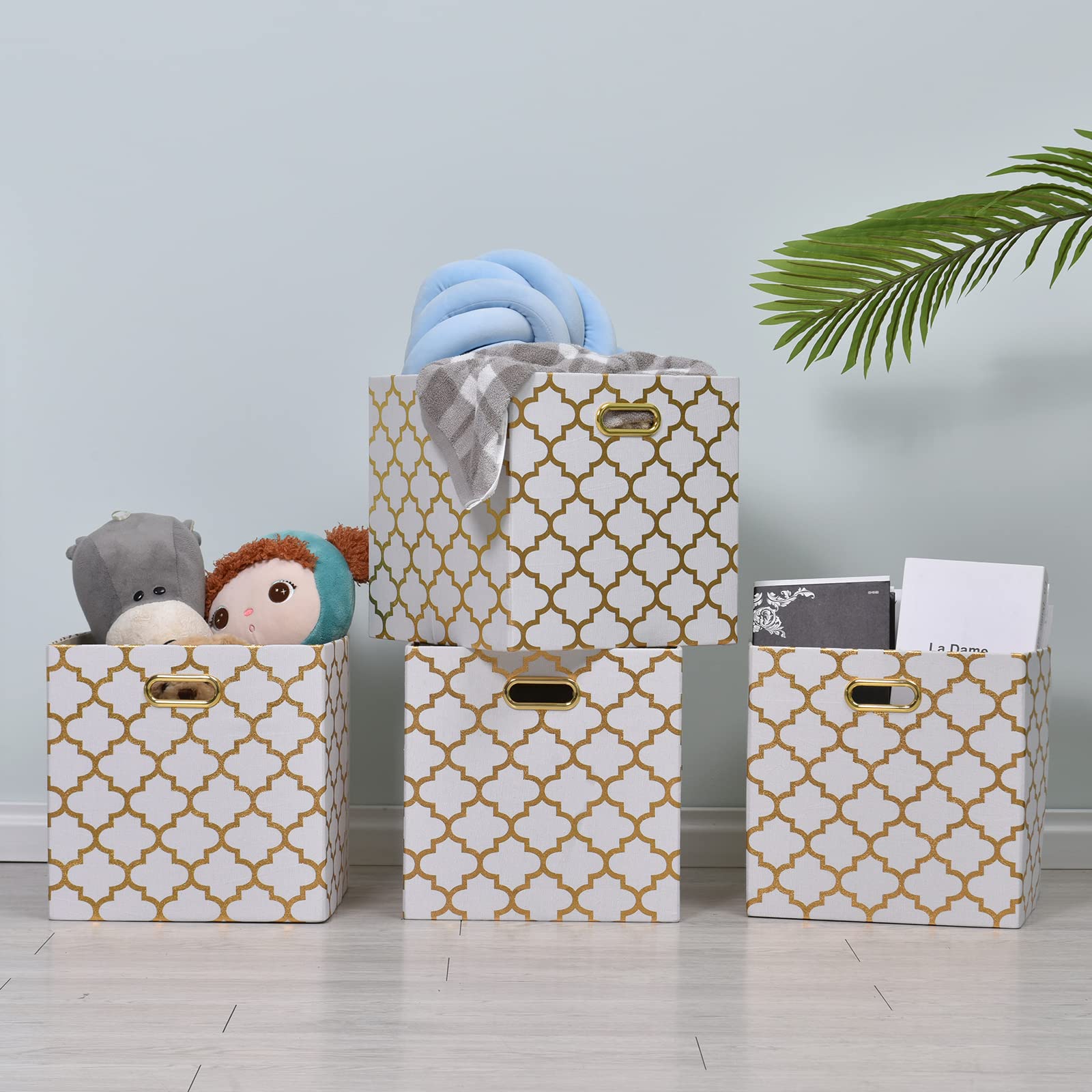 Fboxac Cube Storage Bins 13×13 Fabric Foldable Box with Handles, Collapsible Organization Basket Set of 4 Large Capacity Drawer for Closet Shelf Cabinet Bookcase Bedroom, Halloween Lantern White Gold