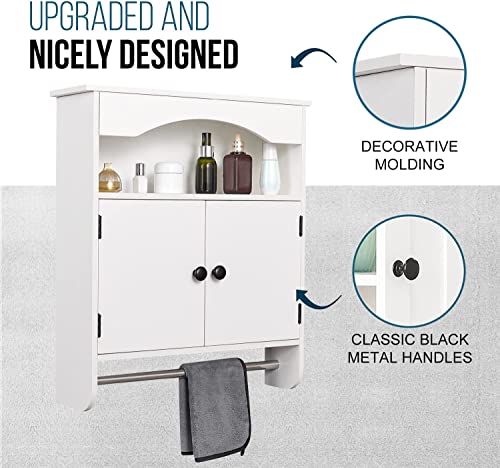 LUCYPAL Bathroom Cabinet Wall Mounted with Doors, Wooden Hanging Cabinet, Bathroom Cabinet with Towel Bar Over The Toilet, Bathroom Wall Cabinet White