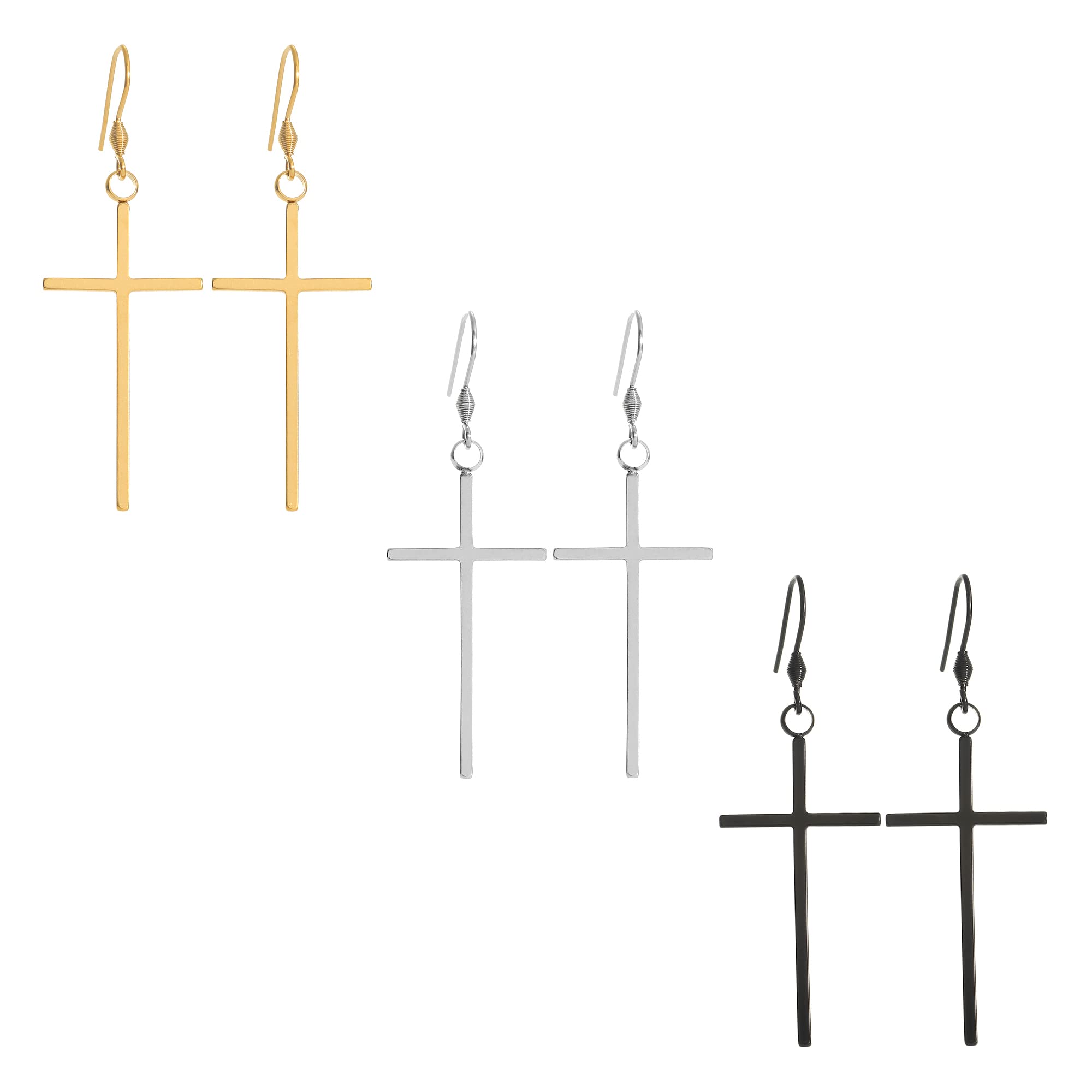Cross Earrings for Women Stainless Steel Long Slim Dangle Cross Earrings 3 Pairs Silver Gold Black