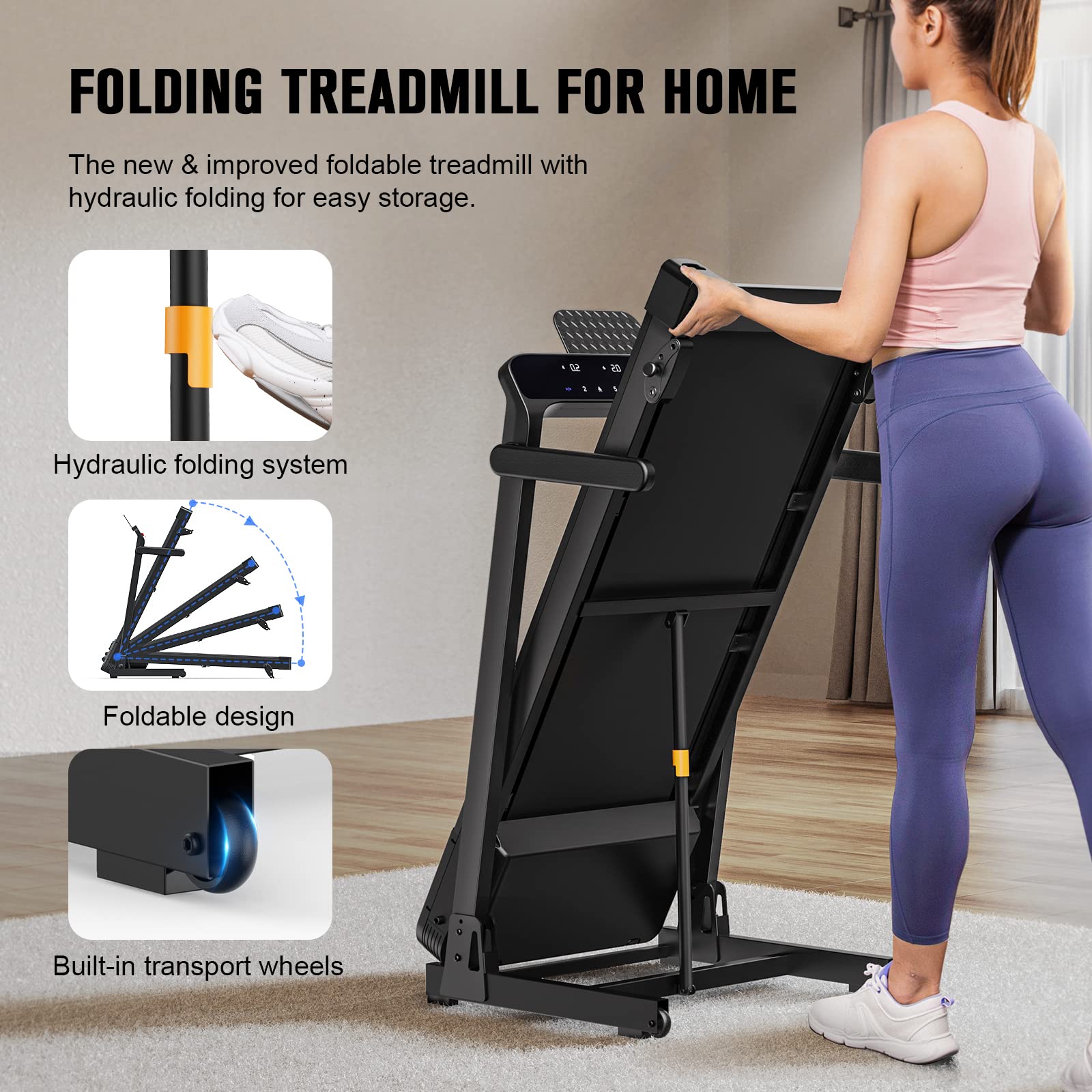 FLYLINKTECH Folding Treadmill with Incline, 2.5HP Electric Portable Treadmill with APP Control, LED Display,12 Preset Programs, Easy Assembly Walking Running Treadmills for Home Gym Office