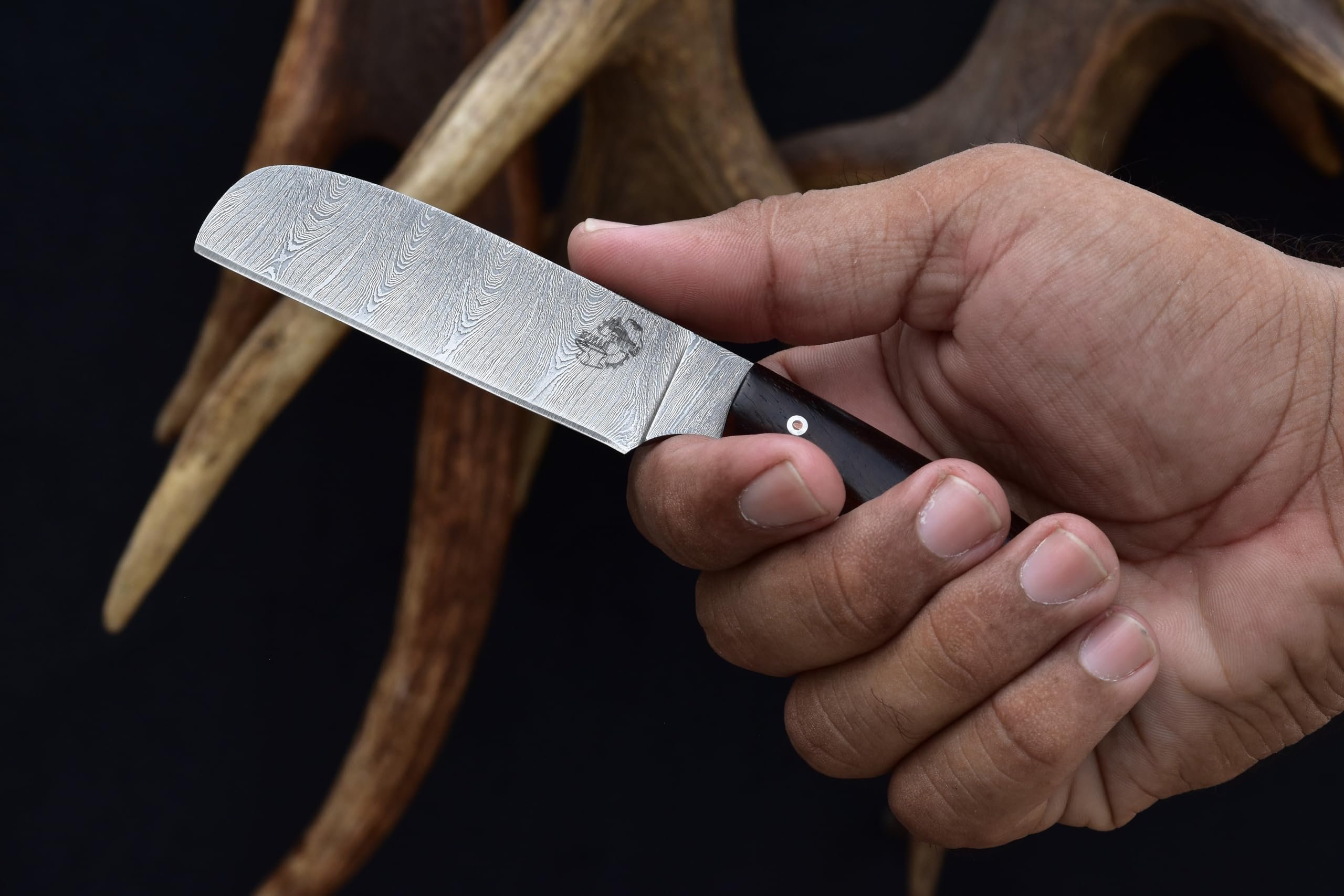 Knives Ranch Damascus Steel Small Castrator with Indian Rosewood Handle Dual Carry Vertical or Horizontal Cowboy Crossdraw Leather Sheath (3177-IRW)