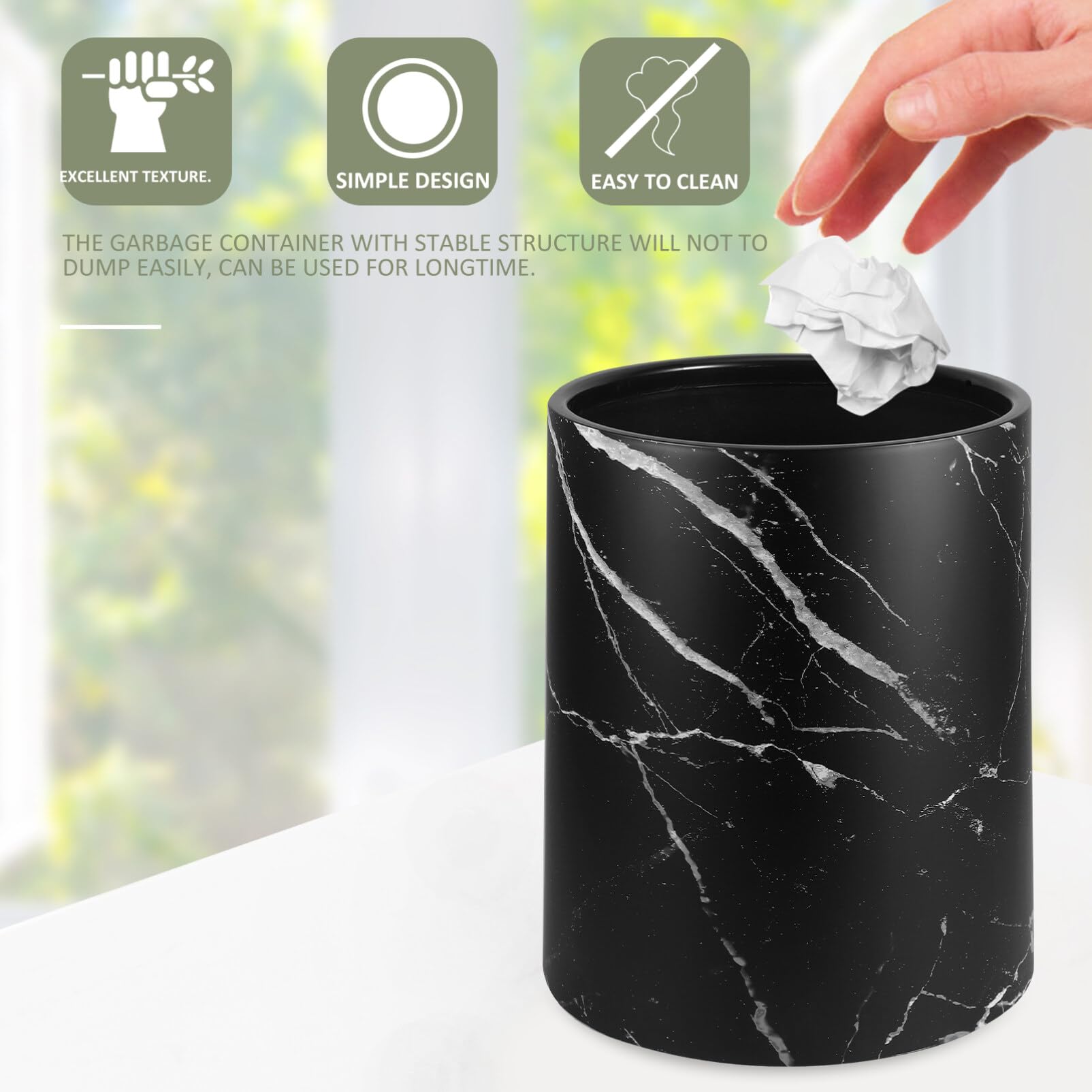 HOLIDYOYO Marble Trash Can Round 12L Garbage Bin Double Layer Waste Basket Container for Kitchen Bathroom Home Office Hotel Black, 27.00X23.50X23.50CM, E489HDP4206BQY13L2A4