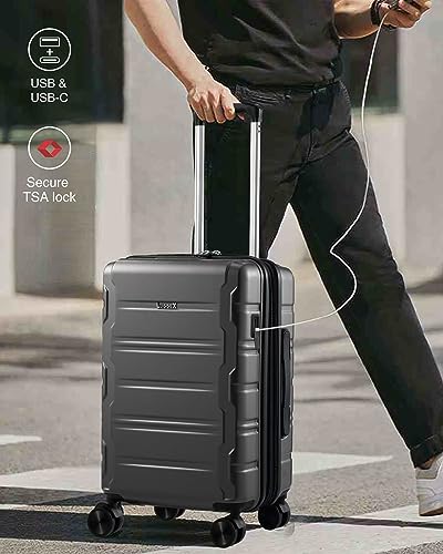 LUGGEX 20 Inch Black Carry On Luggage 22x14x9 Airline Approved, PC Hard Shell Suitcase with USB Port, Expandable and Lightweight