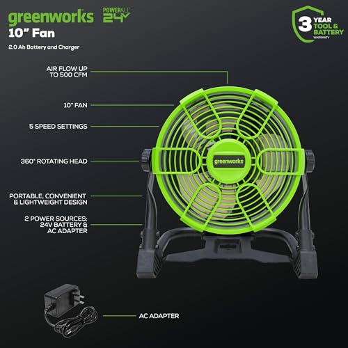Greenworks 24V 10" (5-Speed) Fan (500 CFM), Hybrid (AC / DC), 2.0 Ah USB (Power Bank) Battery and Charger Included