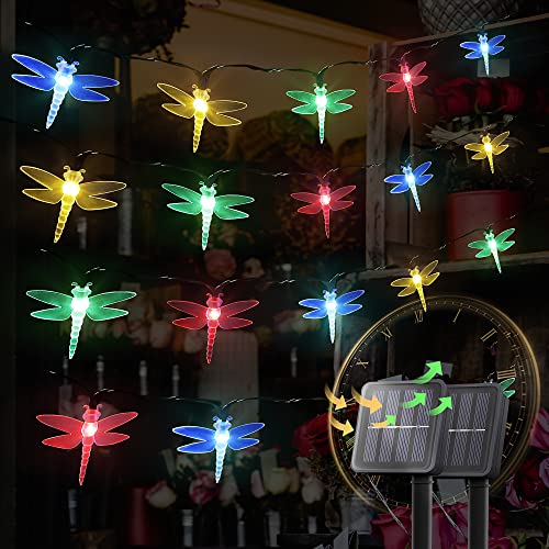 HEYFUNi Solar String Lights, 2 Pack 19.6FT 30 LED Solar Dragonfly Lights,8 Modes Waterproof Outdoor String Lights for Garden Patio Gate Yard Party Wedding Outdoor Decor(Multicolor)