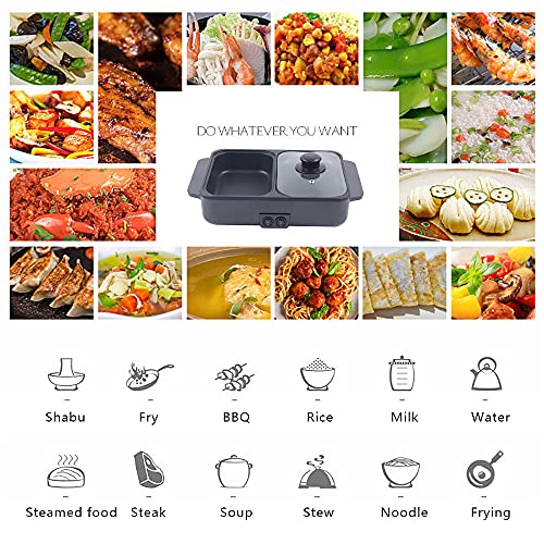 Jstcmadby Electric Hot Pot with Grill,2 in 1 Non-stick Mini Hot Pot with Grill Dual Temperature Control Steaks Shabu Shabu Pot Korean BBQ Grill for 1-3 People (Black)