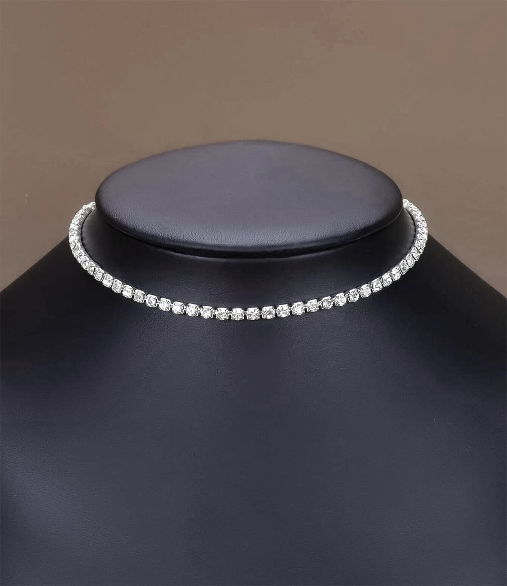 EFTOM 1 Row Silver Rhinestone Choker Necklace Diamond Necklaces for Women