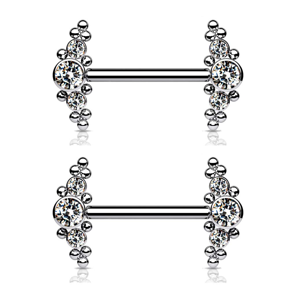 Dynamique Implant Grade Titanium Nipple Barbells With Bezel Set CZ and Micro Ball Cluster Internally Threaded Ends (Sold Per Pair Or Per Piece)