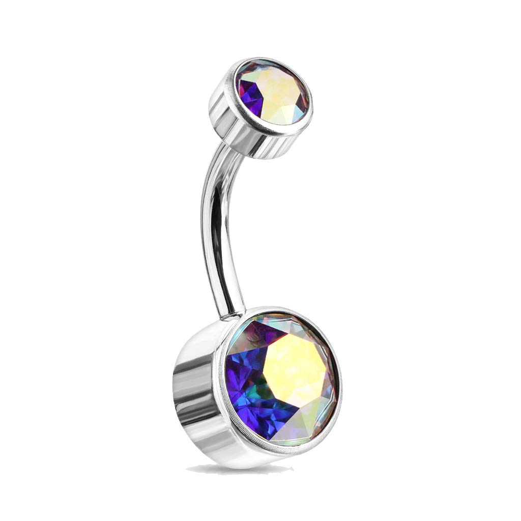 Dynamique Implant Grade Titanium Internally Threaded Top Double Round Swarovski Crystal Bezel Set Belly Button Ring (Sold Per Piece)
