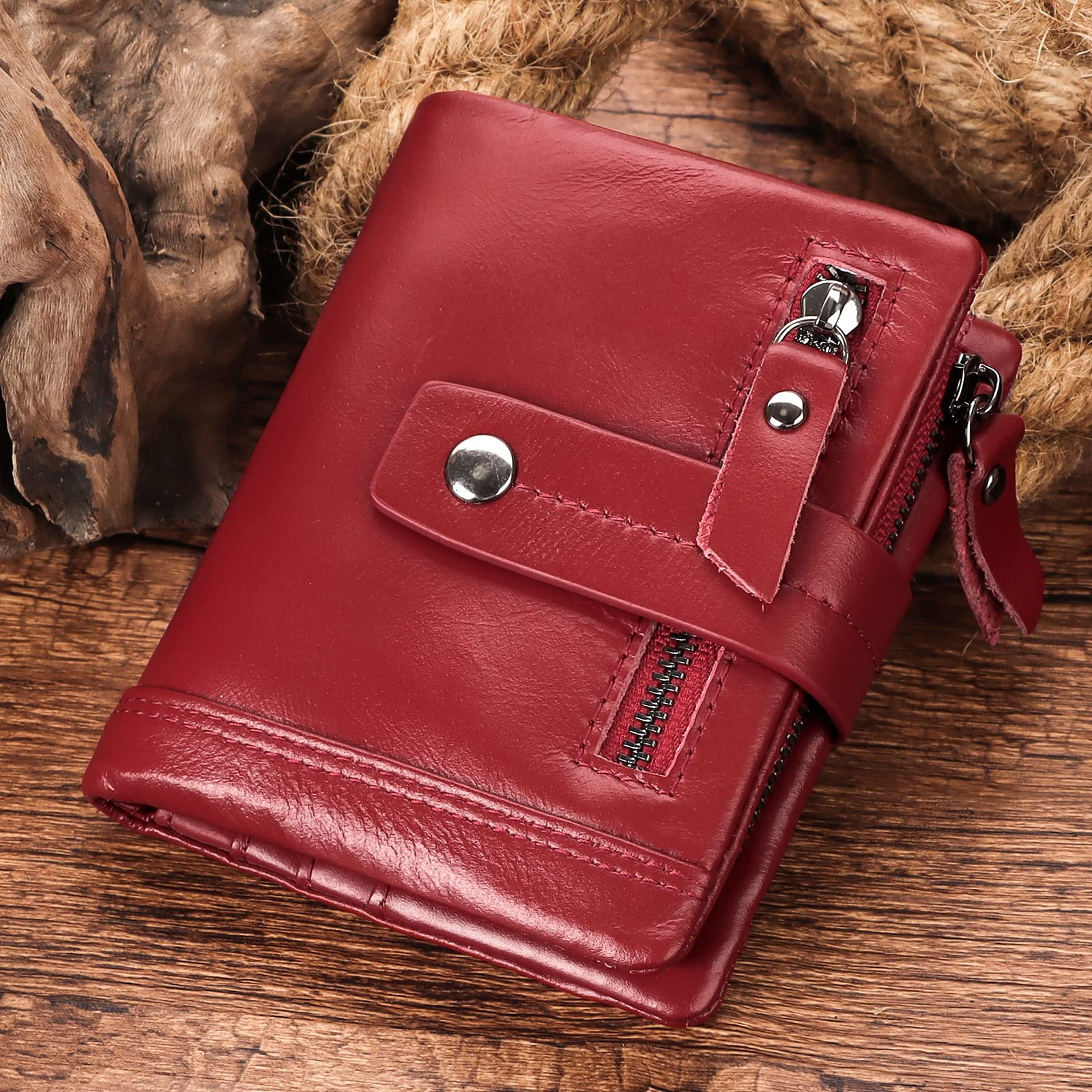 gzcz Small Women Wallet Genuine Leather RFID Blocking Bifold Purse with ID Window and Card Case Purse,Red