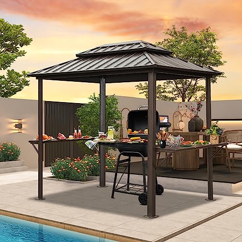 Domi 8β x 6β Grill Gazebo, Outdoor Aluminum BBQ Gazebo with 2 Side Shelves, Hardtop Double Roof Permanent Sun Shade with Ceiling Hooks for Patio Deck Yard Garden (Brown)