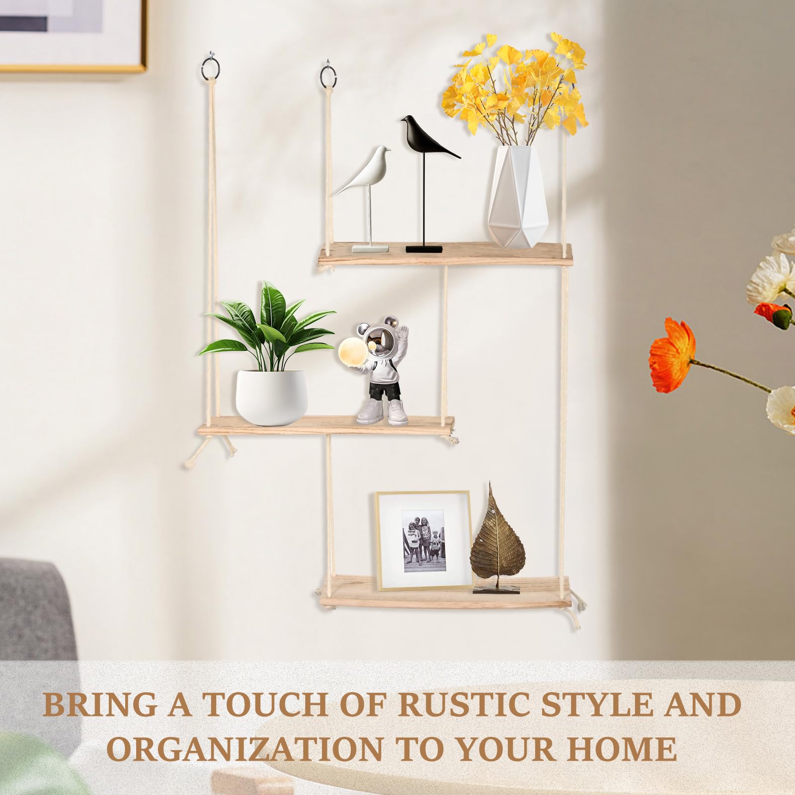 Macrame Wall Hanging Shelves, 3 Tier Hanging Floating Shelves for Wall, Boho Wall Shelves, Wood Hanging Shelves, Macrame Wall Hanging Shelf Tassel with Adjustable Rope, Room Decor for Plants Books