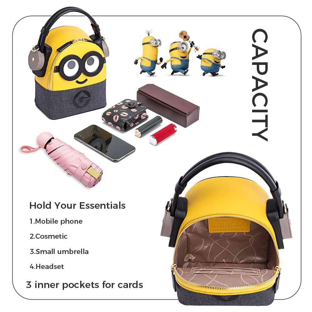 FION x Minions Mini Backpack Cute Leather Backpack Purse Small Handbag Shoulder Bag with Convertible Straps (Headphone Minion)