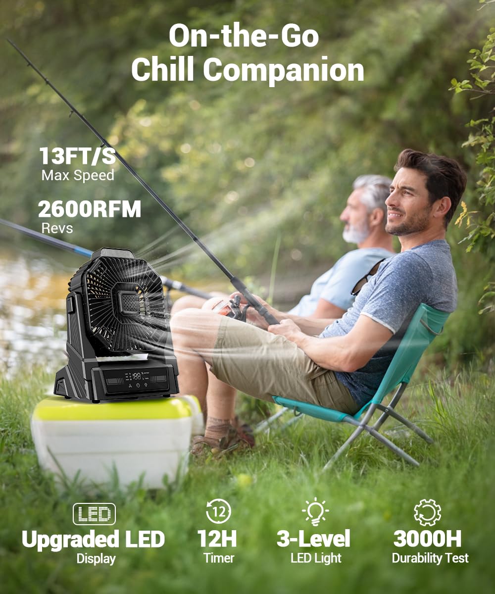 KopBeau Portable Camping Fan with Lights, 20000mAh Rechargeable Battery Operated Fan, Battery Powered Outdoor Beach Tent Fan with 3 Speeds & Hook, Personal USB Table Fan for Camping Accessories Black