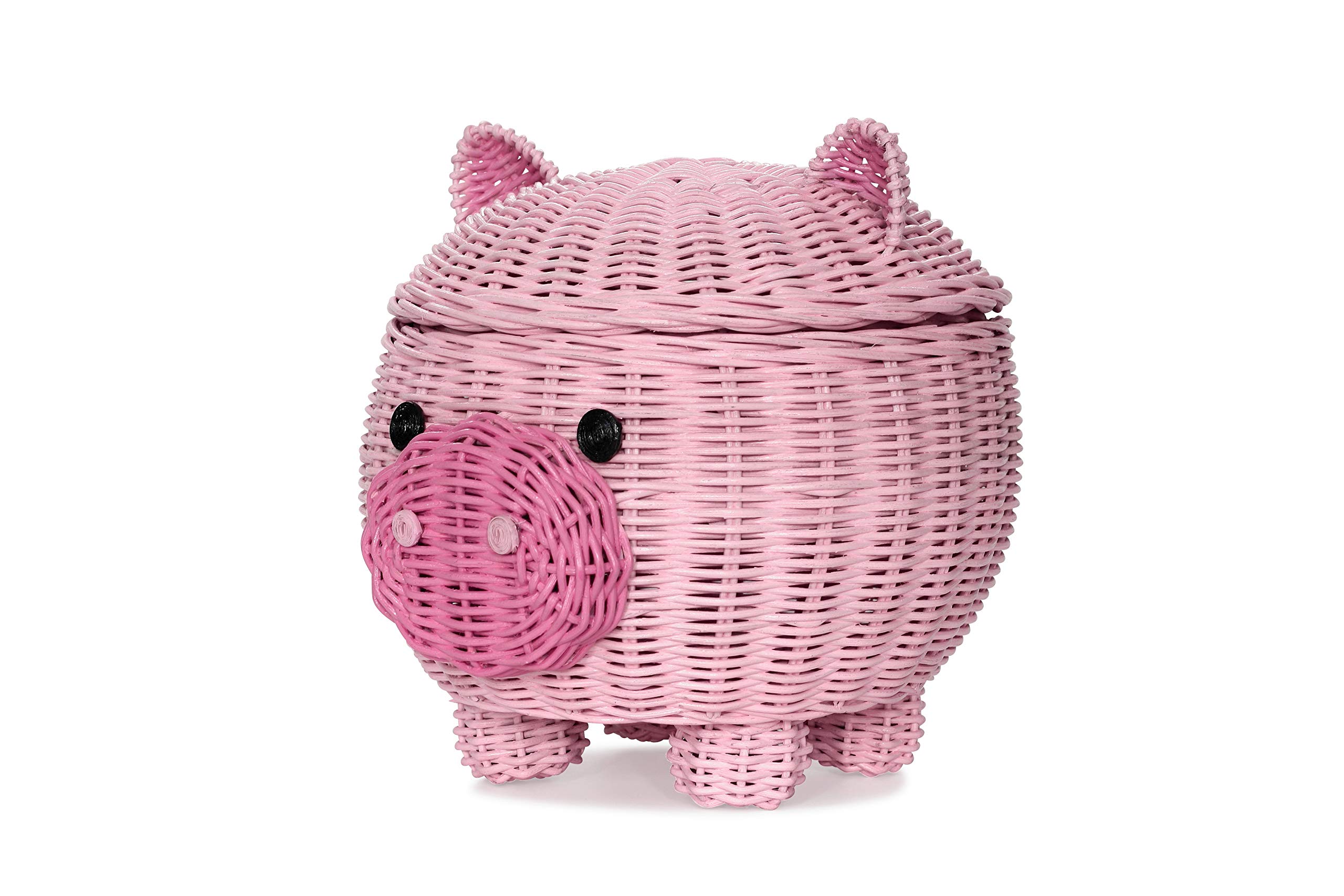 G6 COLLECTION Pig Rattan Storage Basket with Lid Decorative Bin Home Decor Hand Woven Shelf Organizer Cute Handmade Handcrafted Nursery Gift Animal Decoration Artwork Wicker Pink Piggy (Large)