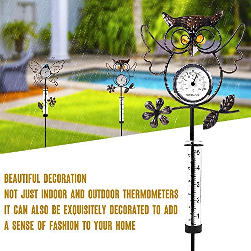 Juegoal 31.5 Inch Rain Gauge with Thermometer, Butterfly & Owl Garden Stakes Decor, Waterproof Rustproof Metal Yard Art Outdoor Lawn Pathway Patio Decorations, Set of 2