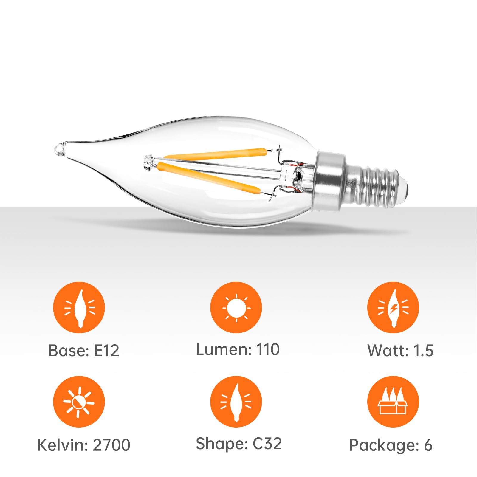 DGE 40 Watt Warm White Ceiling Fan Light Bulbs C32 Chandelier Light Bulbs Bright and Long Lasting 380 Lumen Bent Tip Light Bulb with E12 Candelabra Base, 12 Packs